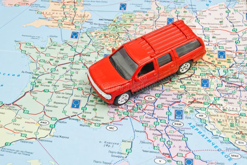 Red car on the map stock image. Image of country, european - 54070169