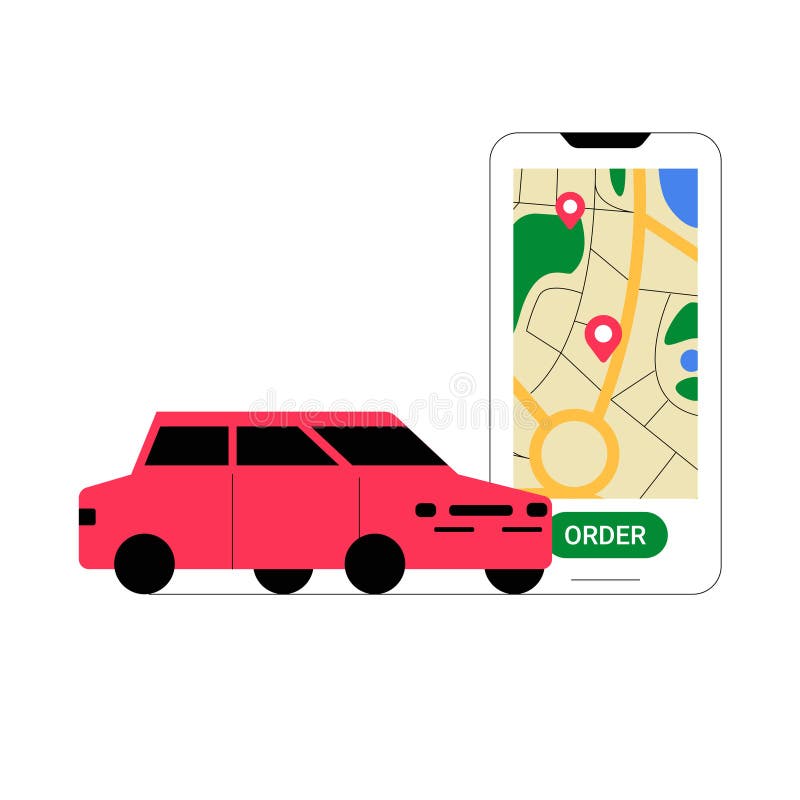 Red Car and Map on Smartphone Screen in Flat Vector Illustration ...