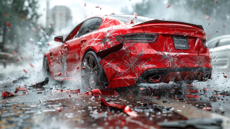 Red Car in Mid-crash on a Rainy Day - Generative Ai Stock Illustration ...