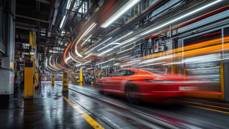 Red Car Moving through a Factory Assembly Line Stock Illustration ...