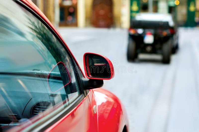 Red Car Moving in Old City Detail Stock Image - Image of modern, drive ...