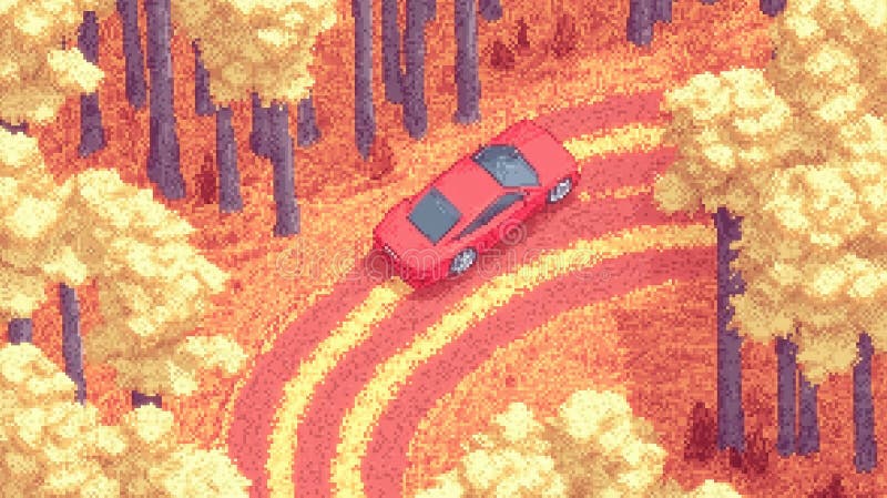 A Red Car Navigates a Winding Path through a Forest with Pixel Art ...