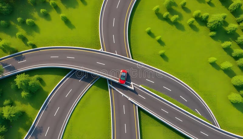 Red Car Navigating a Serpentine Highway Interchange: Aerial Perspective ...