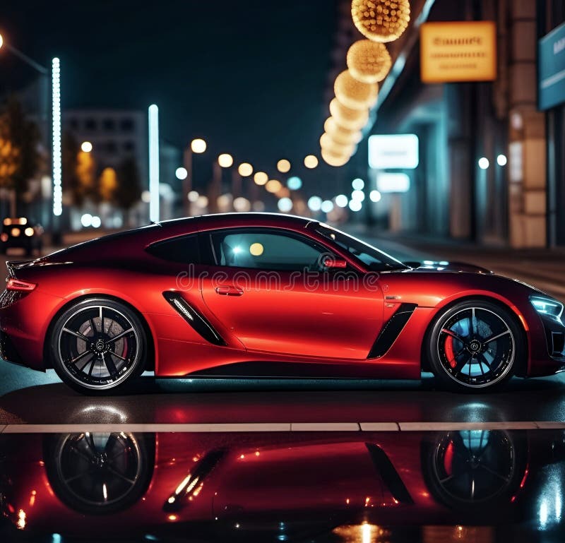 Red car in the night city stock image. Image of transport - 307525221
