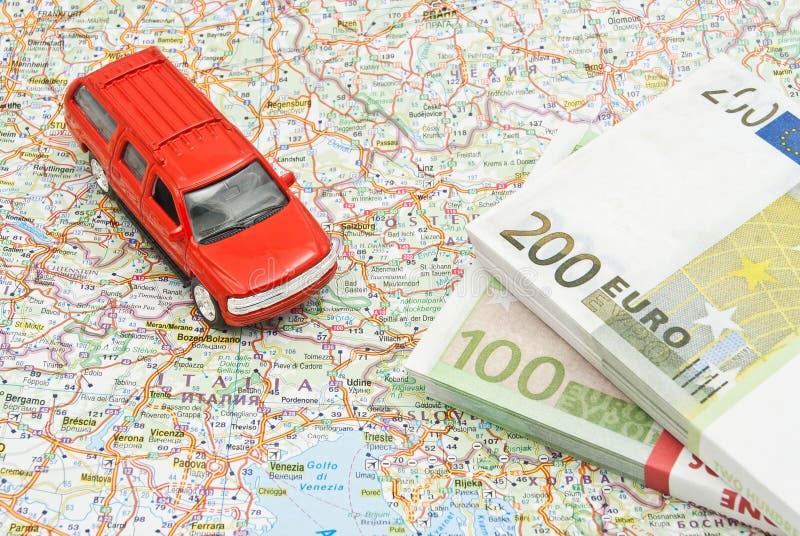 Red car and notes on map stock image. Image of european - 53884559