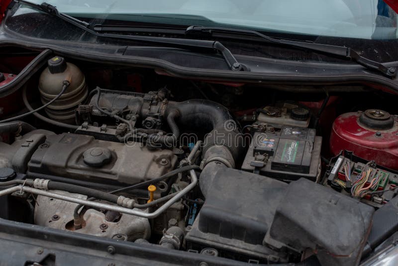 Red Car with Opened Hood. Red Car Hood Open Stock Photo - Image of ...