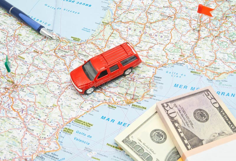 Red Car, Pen and Notes on Map Stock Photo - Image of info, idea: 54070114