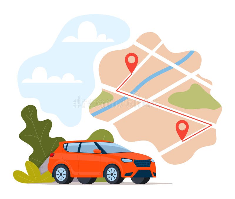 Red Car and Points Location on a City Map. Car Sharing Concept Stock ...