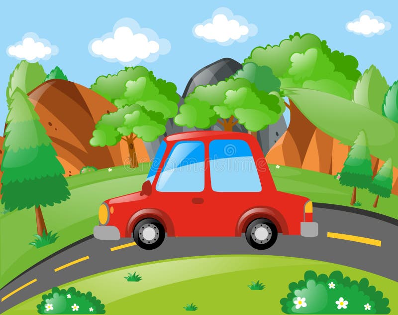 Red car riding on the road stock vector. Illustration of woods - 79891692