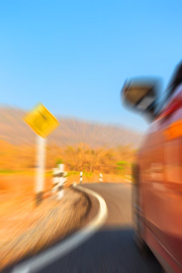 Red Car on the Road with Tern Right Sign. Concept for Transport Stock ...