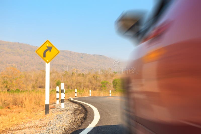 Red Car on the Road with Tern Right Sign. Concept for Transport Stock ...