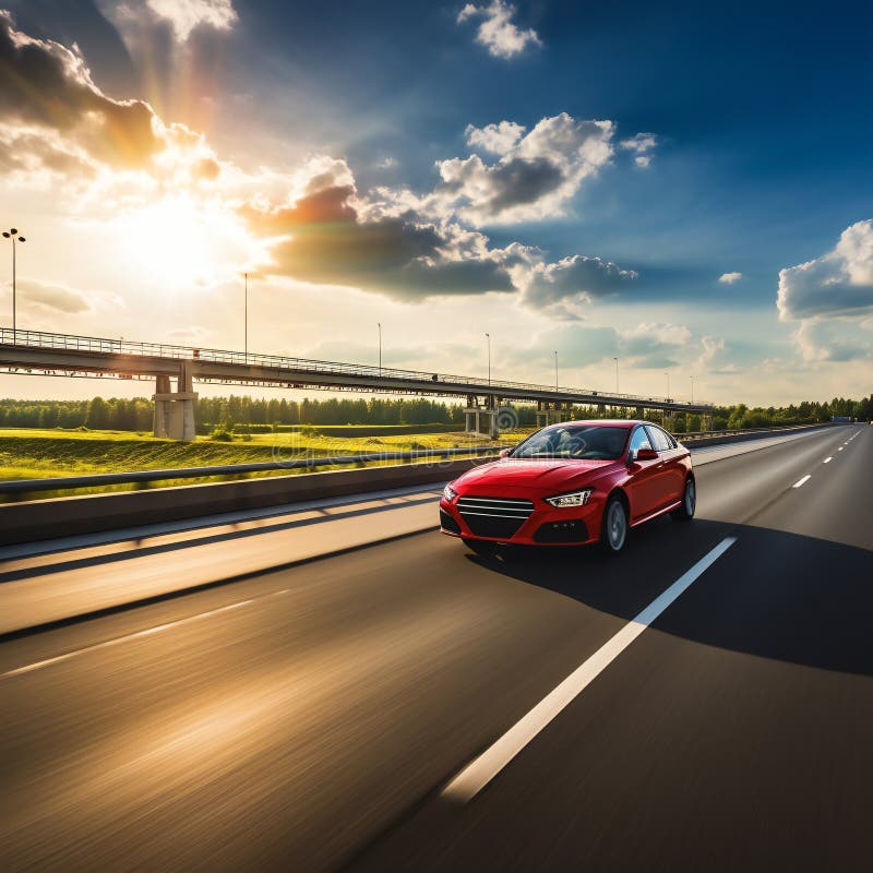REd Car Driving on Freeway at Sunset, Generative Ai Stock Illustration ...