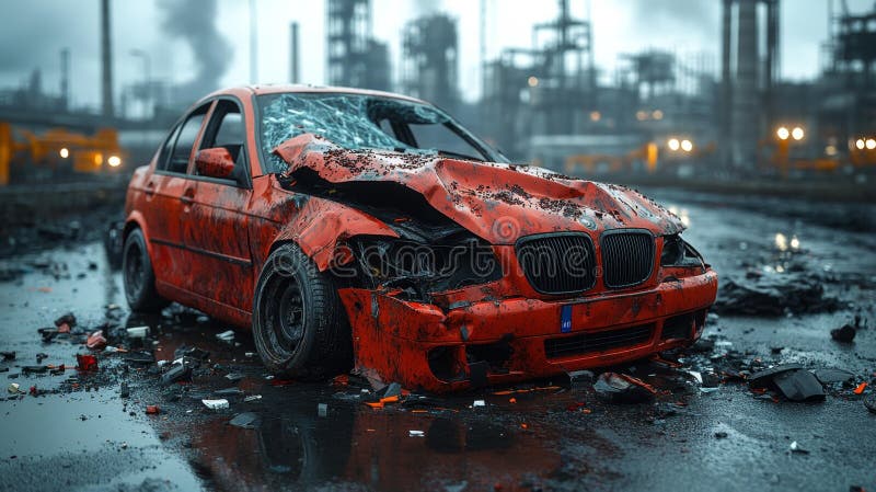 Crashed Red Car in Industrial Landscape - Generative Ai Stock ...