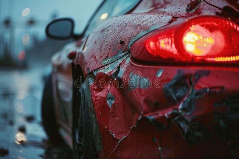 A Red Car Severely Damaged from an Accident or Natural Disaster Stock ...