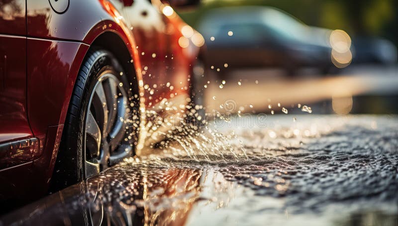 Red Car Splashing through Puddle on Wet Road Stock Illustration ...