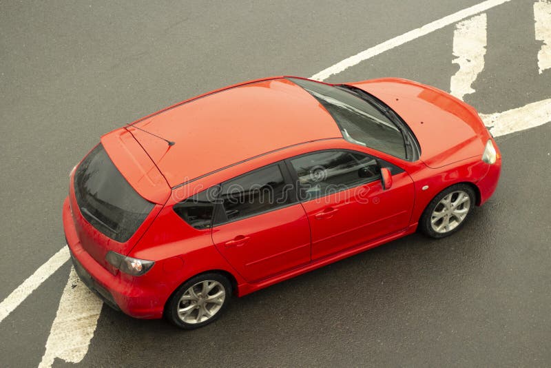 Red Car Stopped on Highway. Transport View from Above Stock Photo ...
