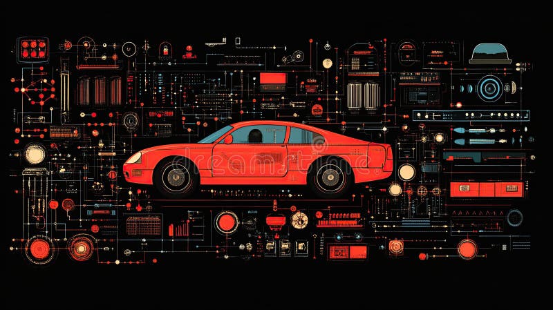 A Red Car Surrounded by Intricate Circuit Board Elements, Showcasing a ...