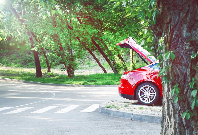 Red Car among Trees in Nature Editorial Stock Photo - Image of park ...
