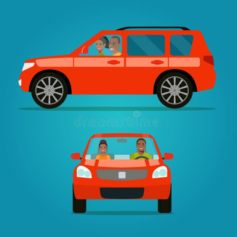 Red Car Two Angle Set. Car with Couple Side View and Front View.Afro ...