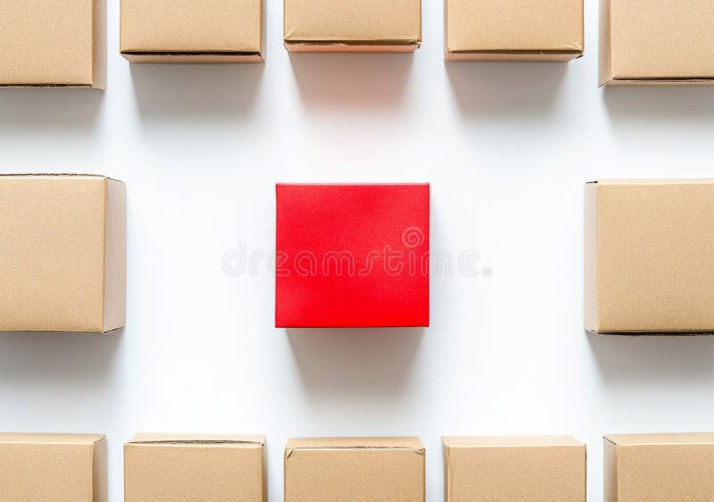 A Red Card Box Stands Out among Many Similar Brown Boxes. Concept Image ...