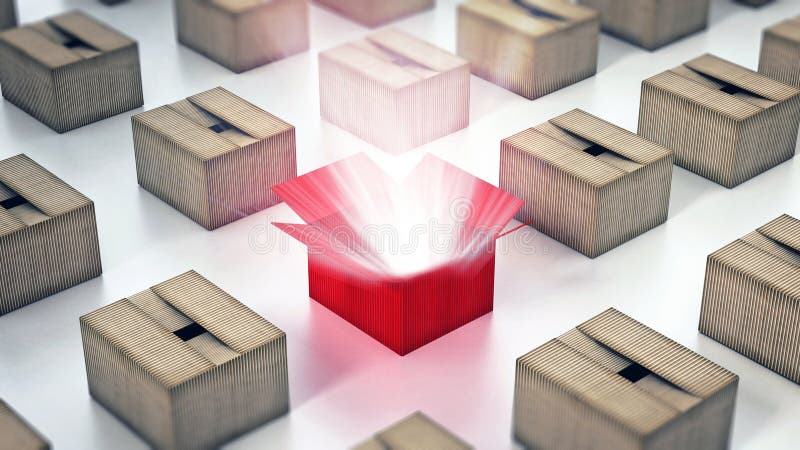 Red Cardboard Box with Glowing Light Ray Standing Out. 3D Illustration ...