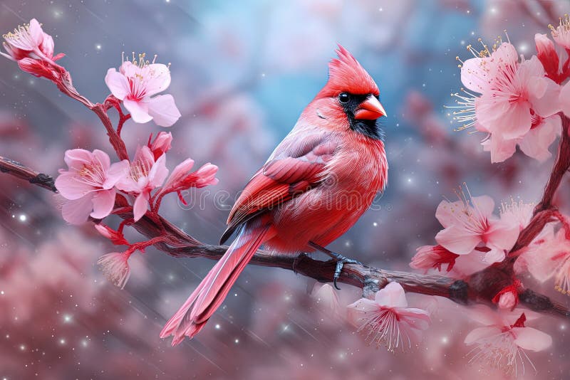 Red Cardinal Bird on a Branch with Cherry Blossoms. Stock Illustration ...