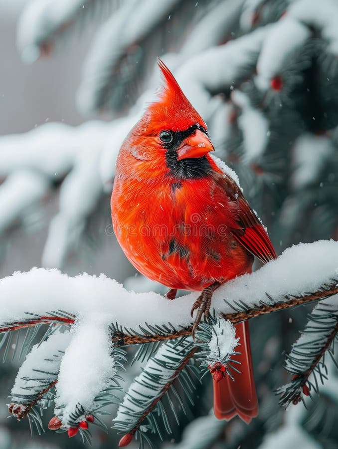 Red Cardinal Bird Perched on a Snow-covered Evergreen Branch. Stock ...