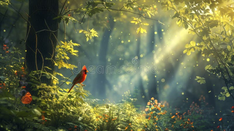 A Red Cardinal Bird Sitting on a Tree Branch in the Forest, AI Stock ...
