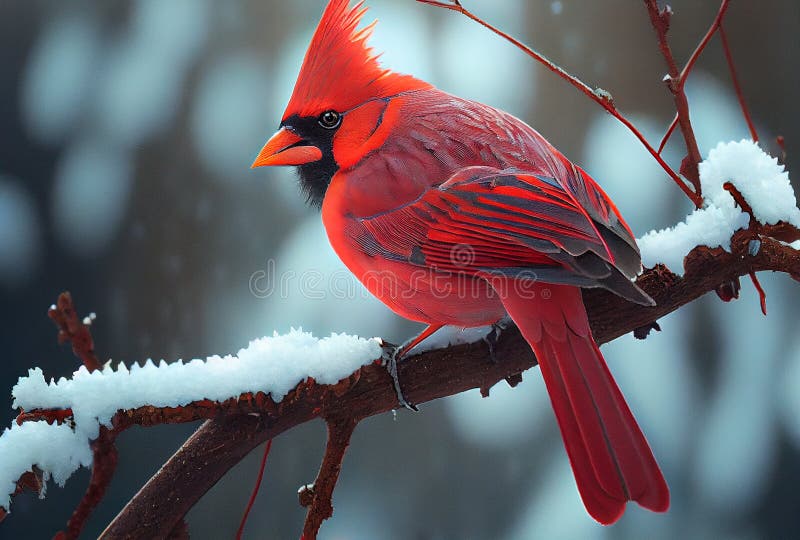 Bright Red Cardinal Bird on Tree Branch - Generative AI Stock ...