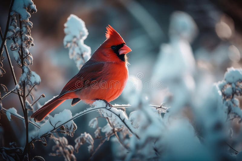 Red Cardinal Bird in Winter Landscape Stock Illustration - Illustration ...