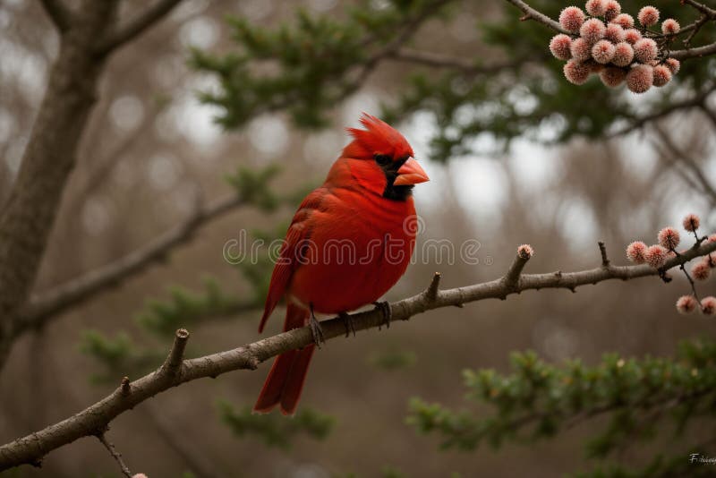 A Red Cardinal Perched on a Blooming Branch Stock Illustration ...