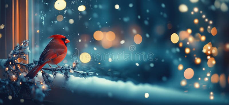 Red Cardinal Perched on Snowy Branch by Window with Winter Lights and ...