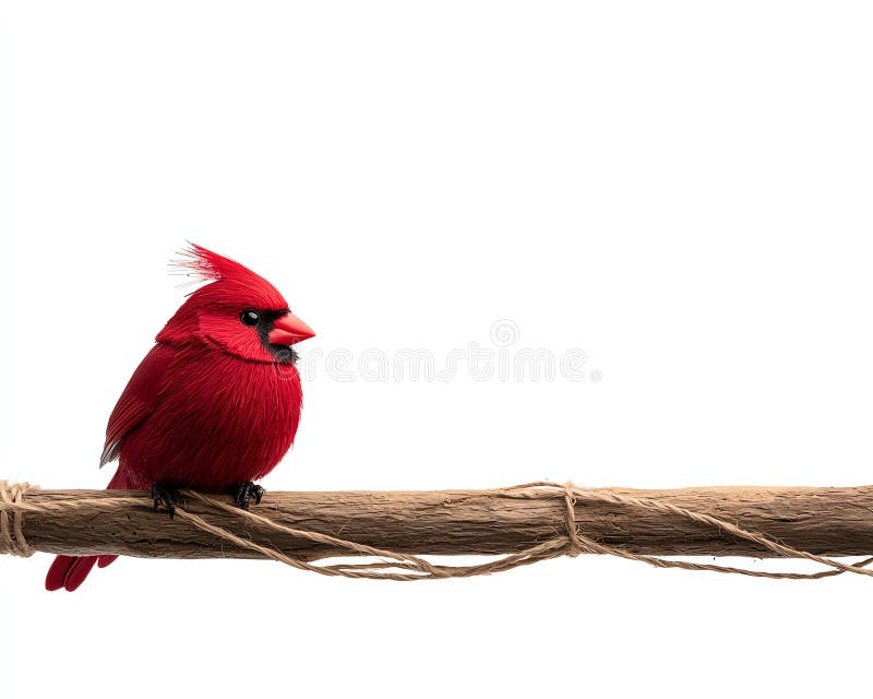 Red Cardinal Perched on a Wooden Branch White Isolated Background Stock ...