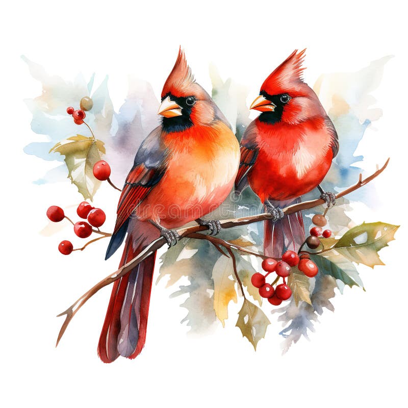 Red Cardinal Sitting on a Branch with Berries Stock Photo ...