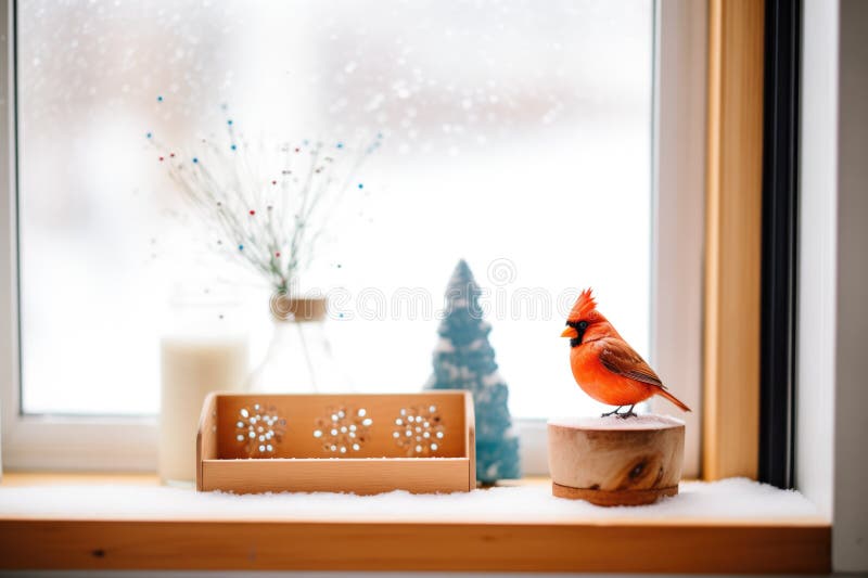 Red Cardinal on Snowy Windowsill Stock Illustration - Illustration of ...