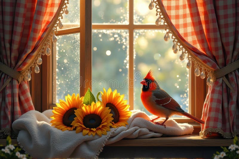 Red Cardinal and Sunflowers on Cozy Window Sill with Plaid Curtains ...