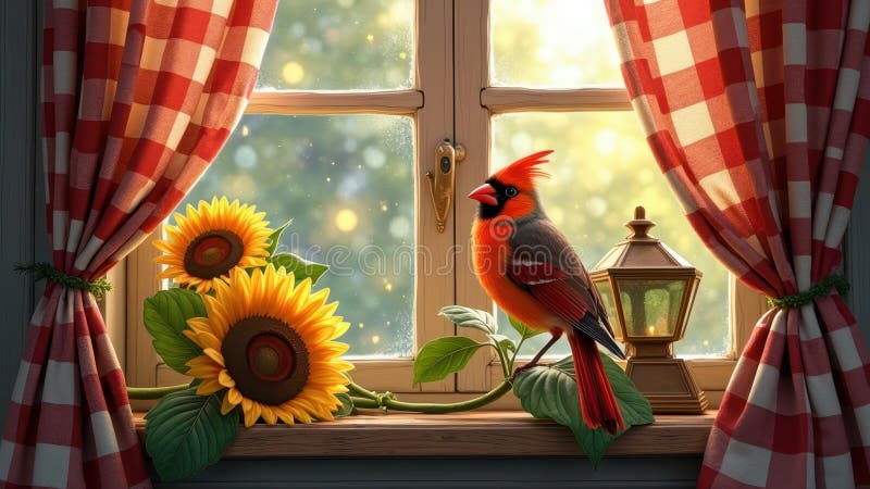 Red Cardinal and Sunflowers on Windowsill with Gingham Curtains Stock ...