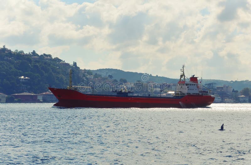 Red Cargo Ship Goes through the Bosphorus into the Black Sea Stock ...