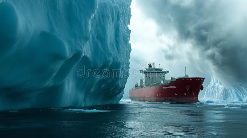Red Cargo Ship Navigating through Iceberg-laden Waters Stock Photo ...