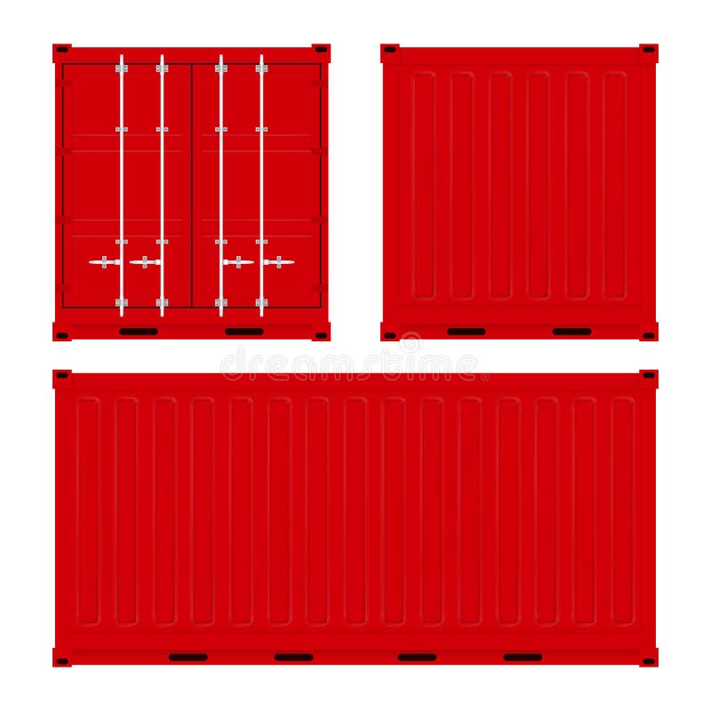 Red Cargo Shipping Container Set. Back, Front and Side View. Vector ...