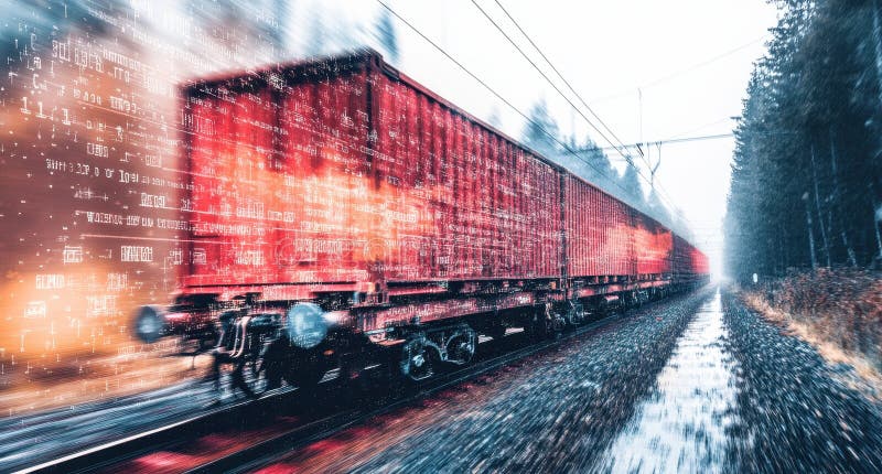 Fast Moving Red Cargo Train with Digital Coding Effects Stock Image ...