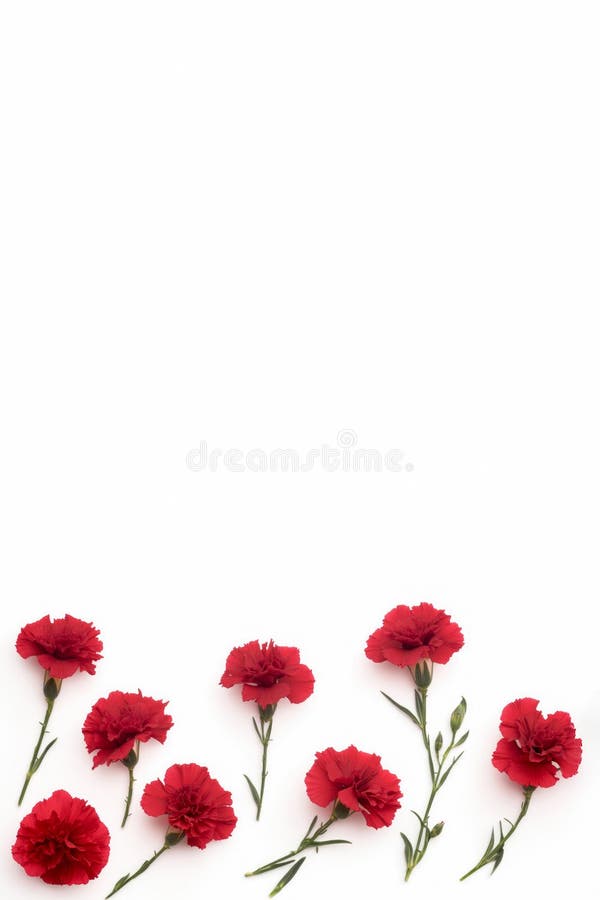 Red Carnations Forming a Bottom Border on White Background Stock ...