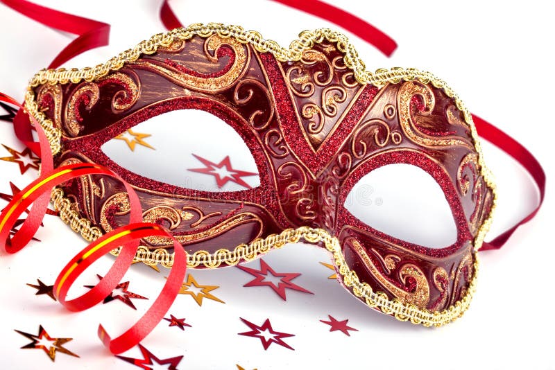 Red Carnival Mask with Confetti and Streamer Stock Photo - Image of ...