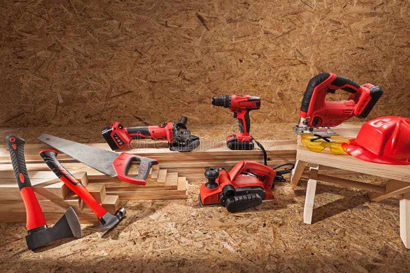 Red Carpenters Tools Set on Background of Plywood Stock Image - Image ...