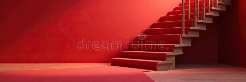 Red Carpet Cascading Down a Landing with an Empty Wooden Staircase ...