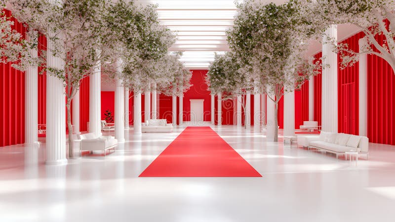 Walking Red Carpet in Bright Hallway with White Columns and Trees Stock ...