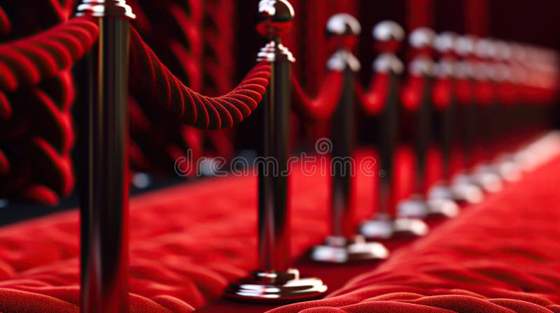 Red Carpet Fence Pole with Red Ropes Blurred Interior Background ...