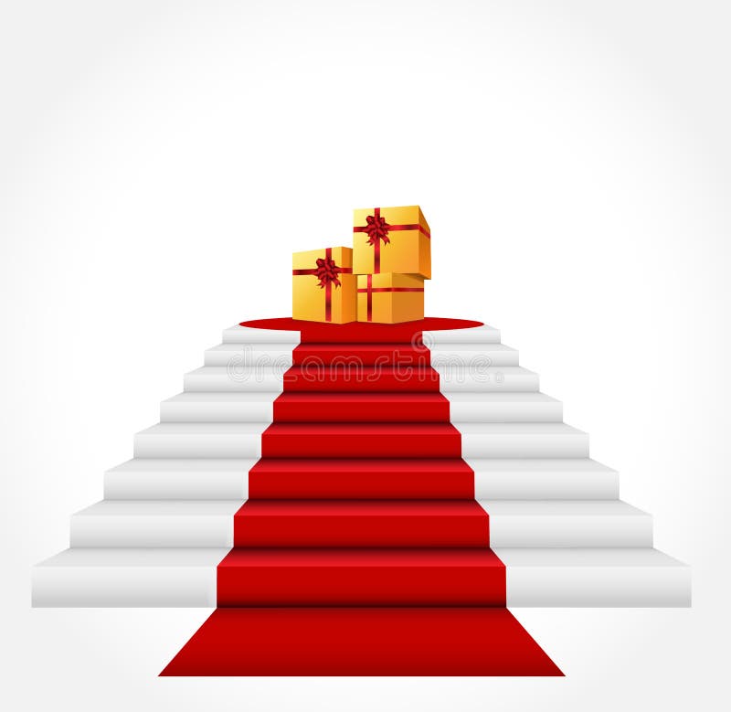 Red carpet, gift boxes, Staircase with red carpet. Prize, gift boxes ...