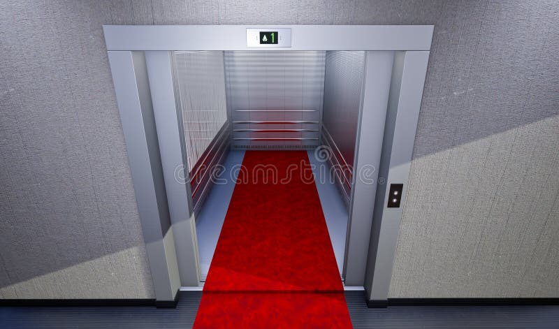 Red Carpet Leading To Open Metallic Silver Elevator with Concrete Wall ...