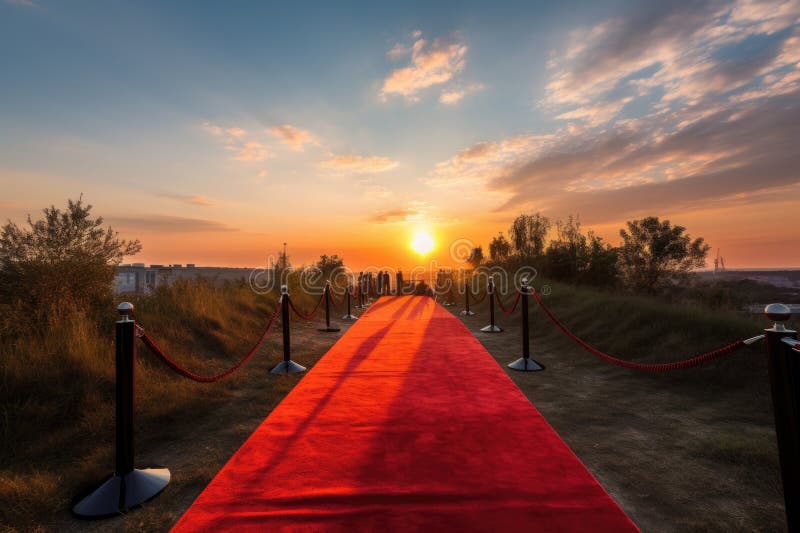 Red Carpet at Outdoor Event, with View of the Setting Sun in the ...